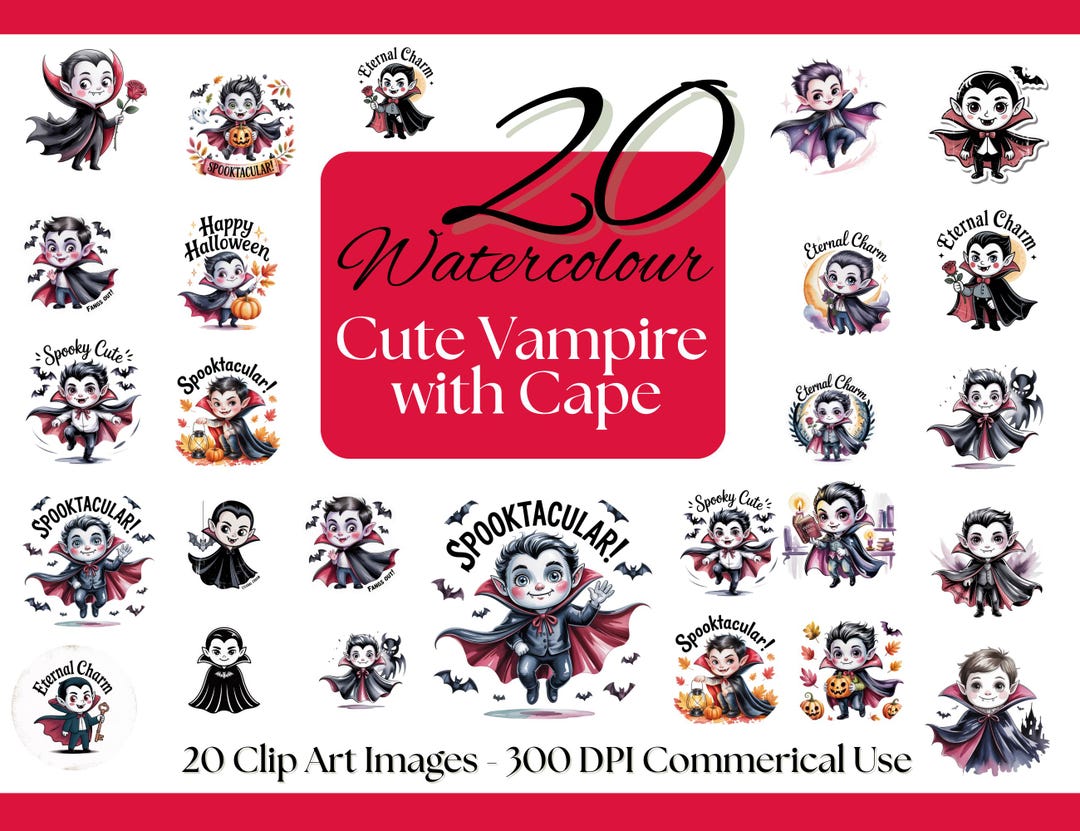 Cute Vampire Clipart 20 PNG | Halloween Watercolor Vampires With Capes ...