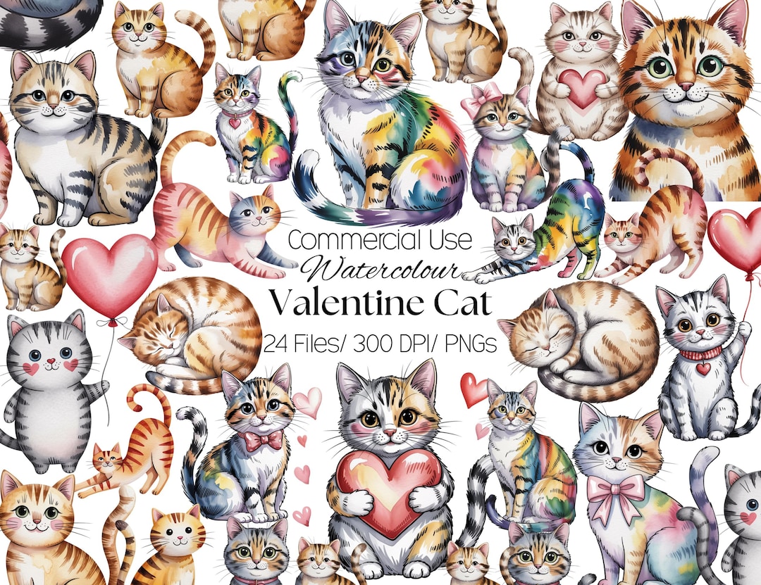 24 Valentine Cat Clipart – Adorable Cats With Hearts, Valentine Designs ...