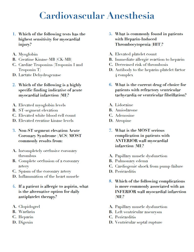 Cardiovascular Anesthesia Questions - Etsy