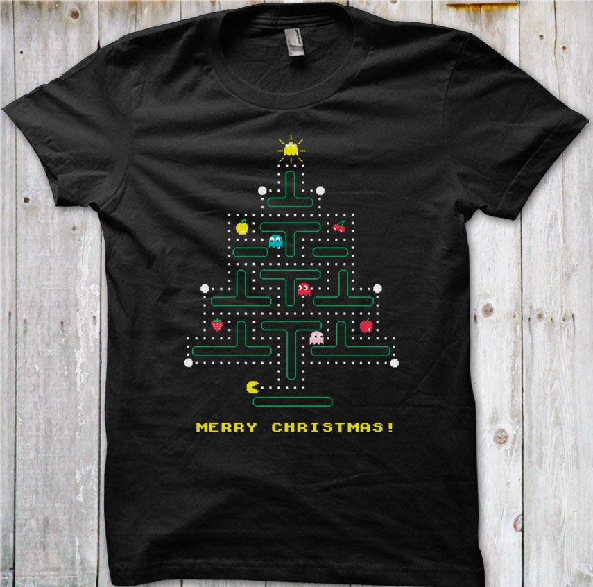 PACMAN Christmas Tree Merry Christmas Xmass Funny High Quality Cotton T ...