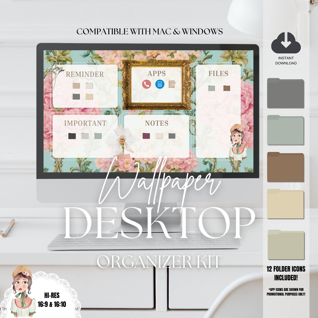 Floral Desktop Wallpaper Organizer Kit for Mac and Windows, Garden Girl ...