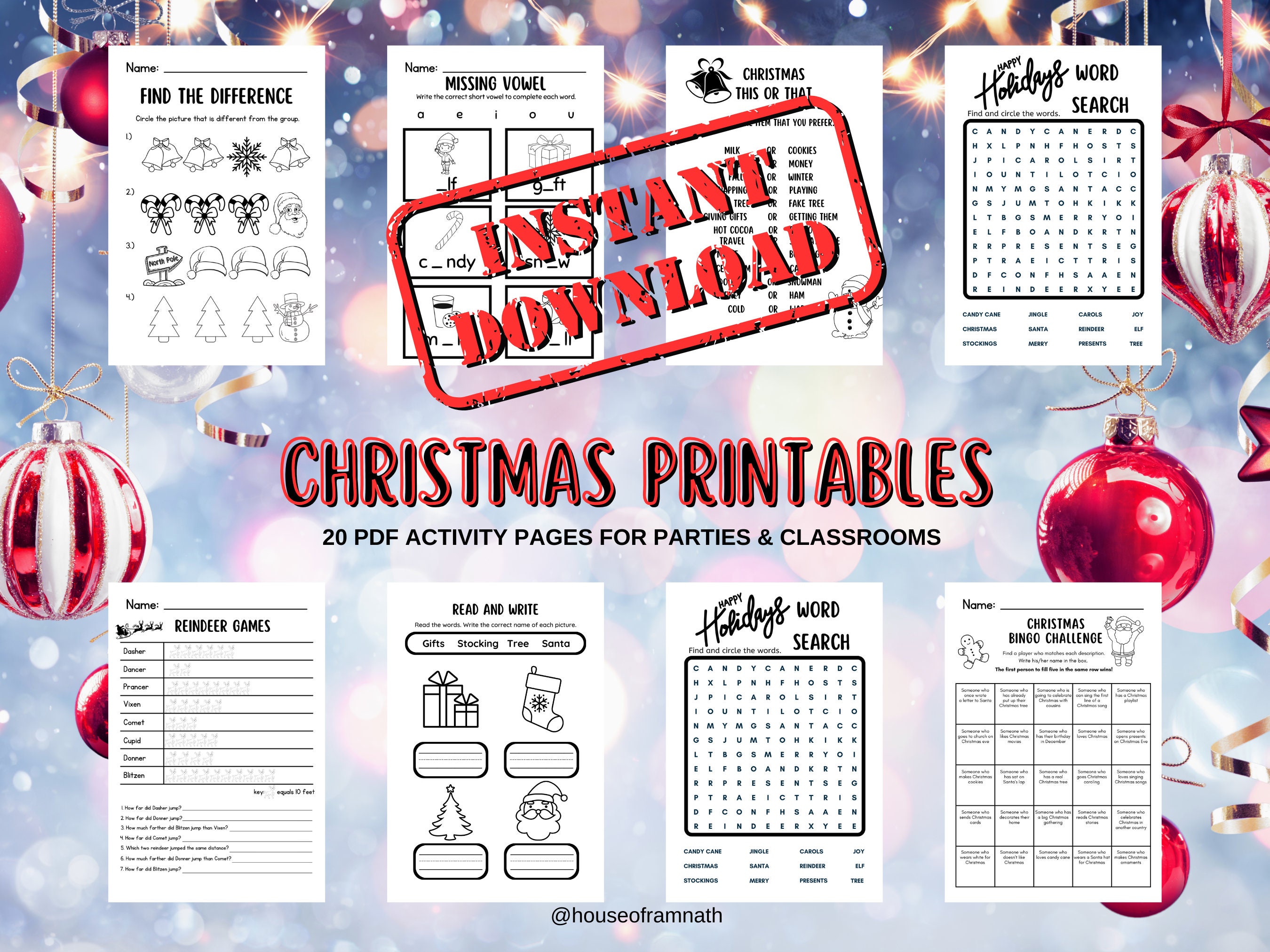 Printable Christmas Worksheets, Activity Sheets Bundle, Classroom Print ...