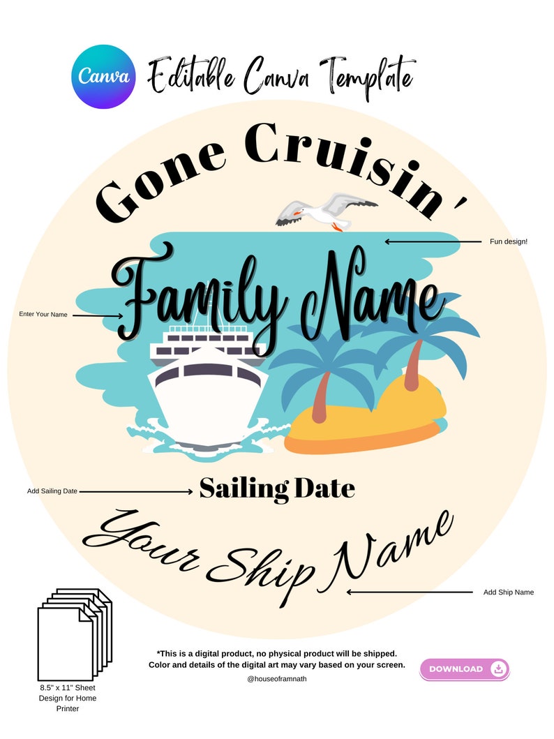 Cruise Cabin Door Sign, Editable Canva Template, Fill and Print ...