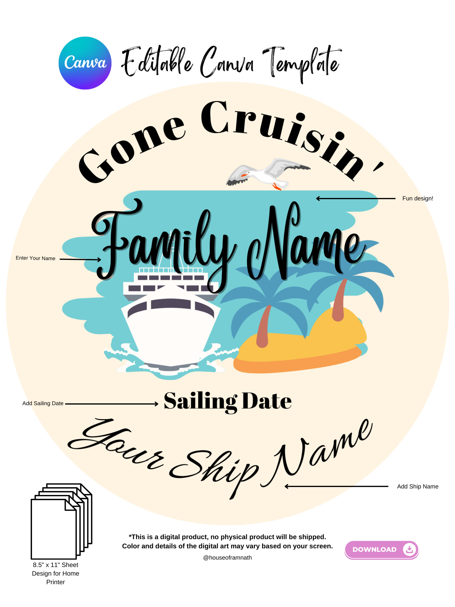 Cruise Cabin Door Sign, Editable Canva Template, Fill and Print ...