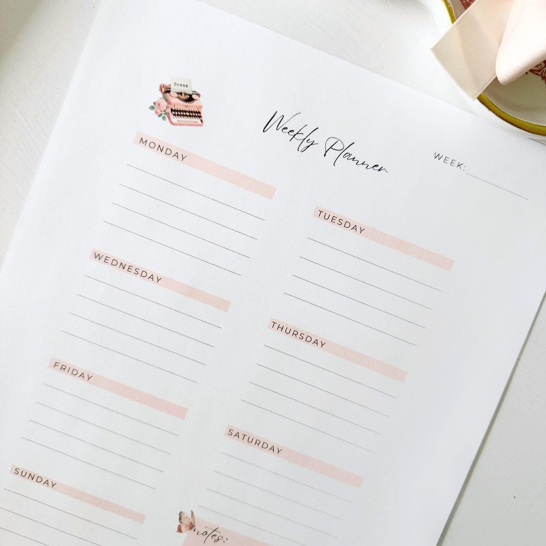 Pink Weekly Planner Printable: Elegant Undated Schedule (US Letter PDF ...