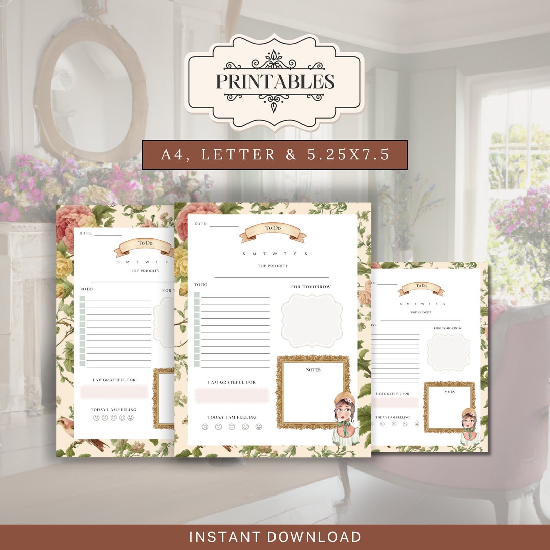Floral to Do List Printable: Vintage Garden Girl Daily Planner (PDF) - Etsy