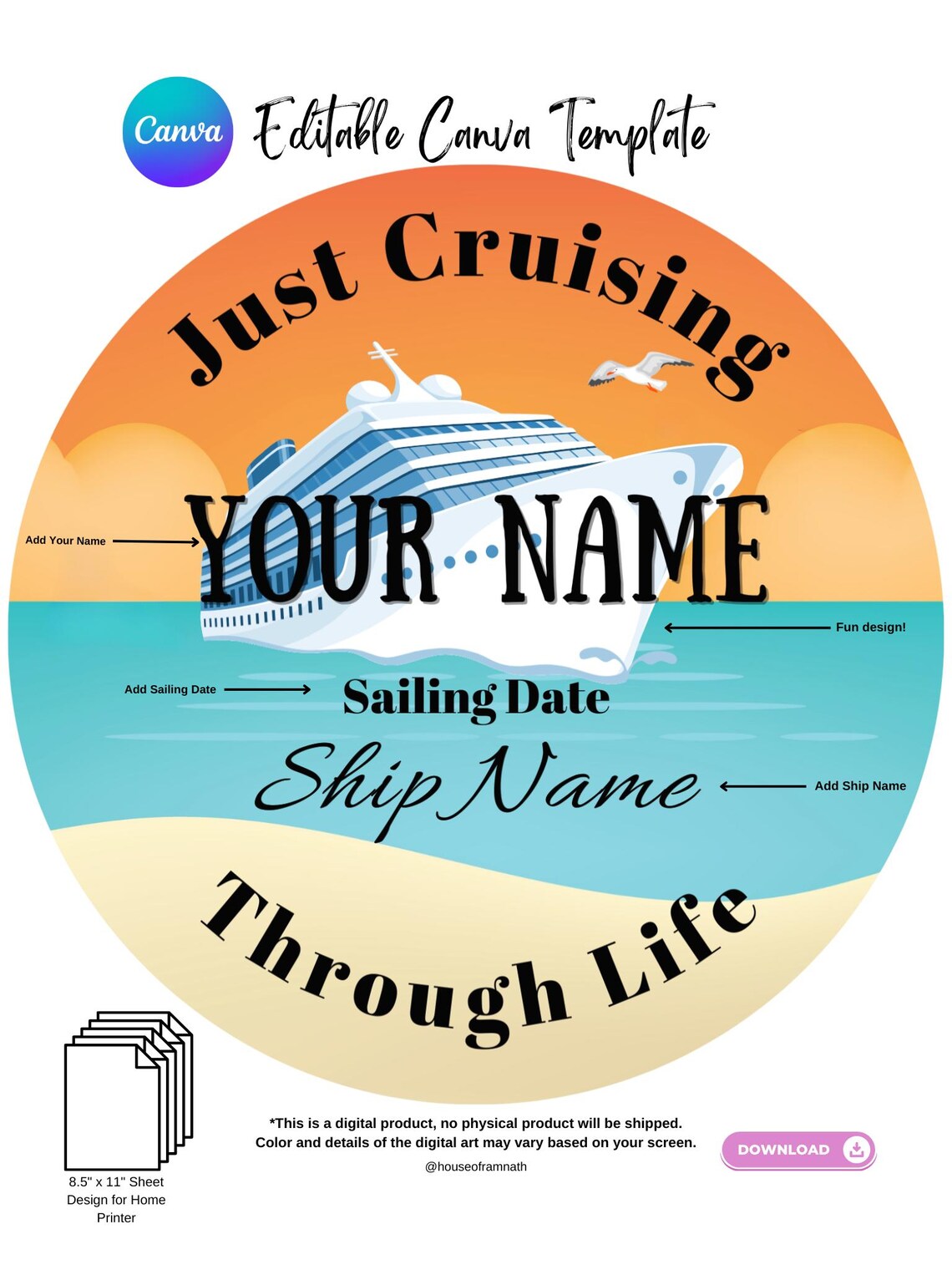Cruise Cabin Door Sign, Editable Canva Template, Just Cruising, Fill ...