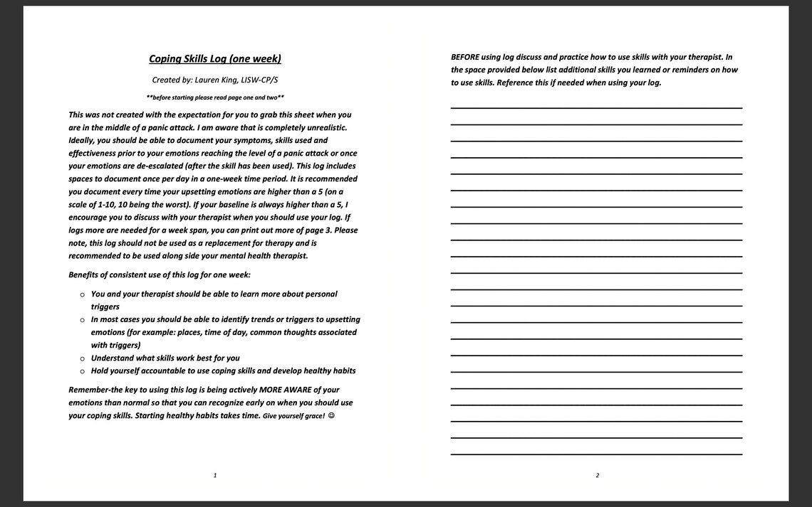 Coping Skills Log (mental Health Work Sheet) - Etsy