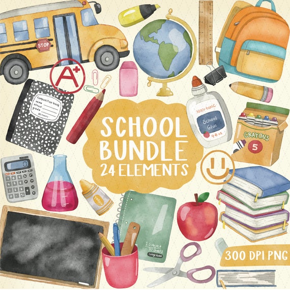 Watercolor School Bundle Clipart Instant Download Png File Bus - Etsy