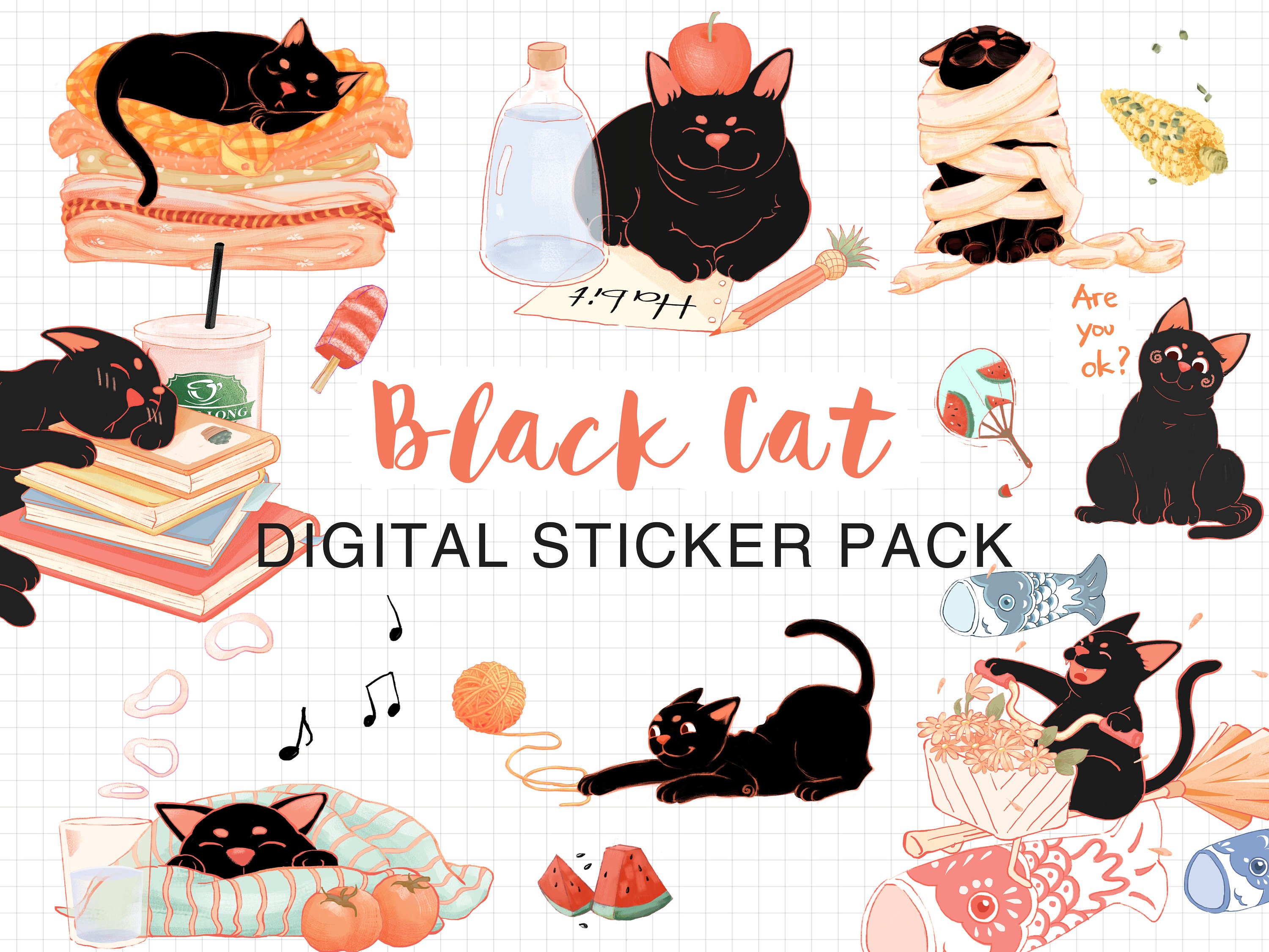 Cute Black Cat Digital Sticker Pack Kawaii Digital Planner Goodnotes ...