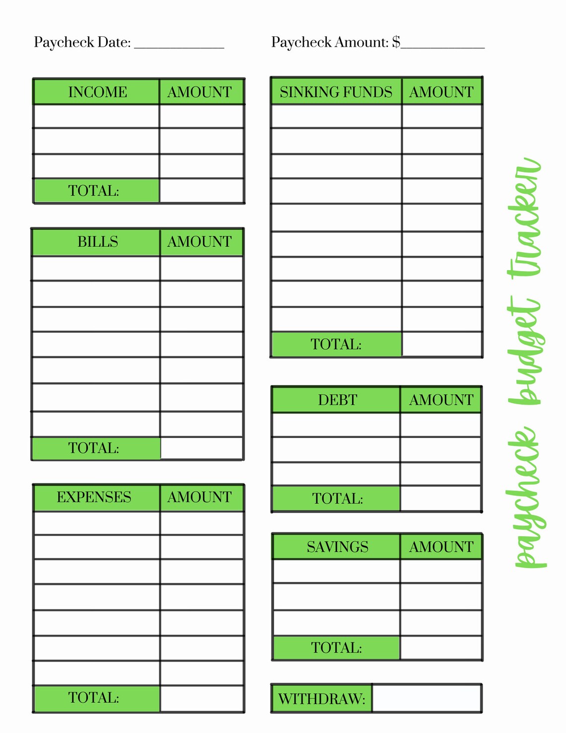 Paycheck Budget Tracker Printable L Budget Printable L Paycheck Tracker ...