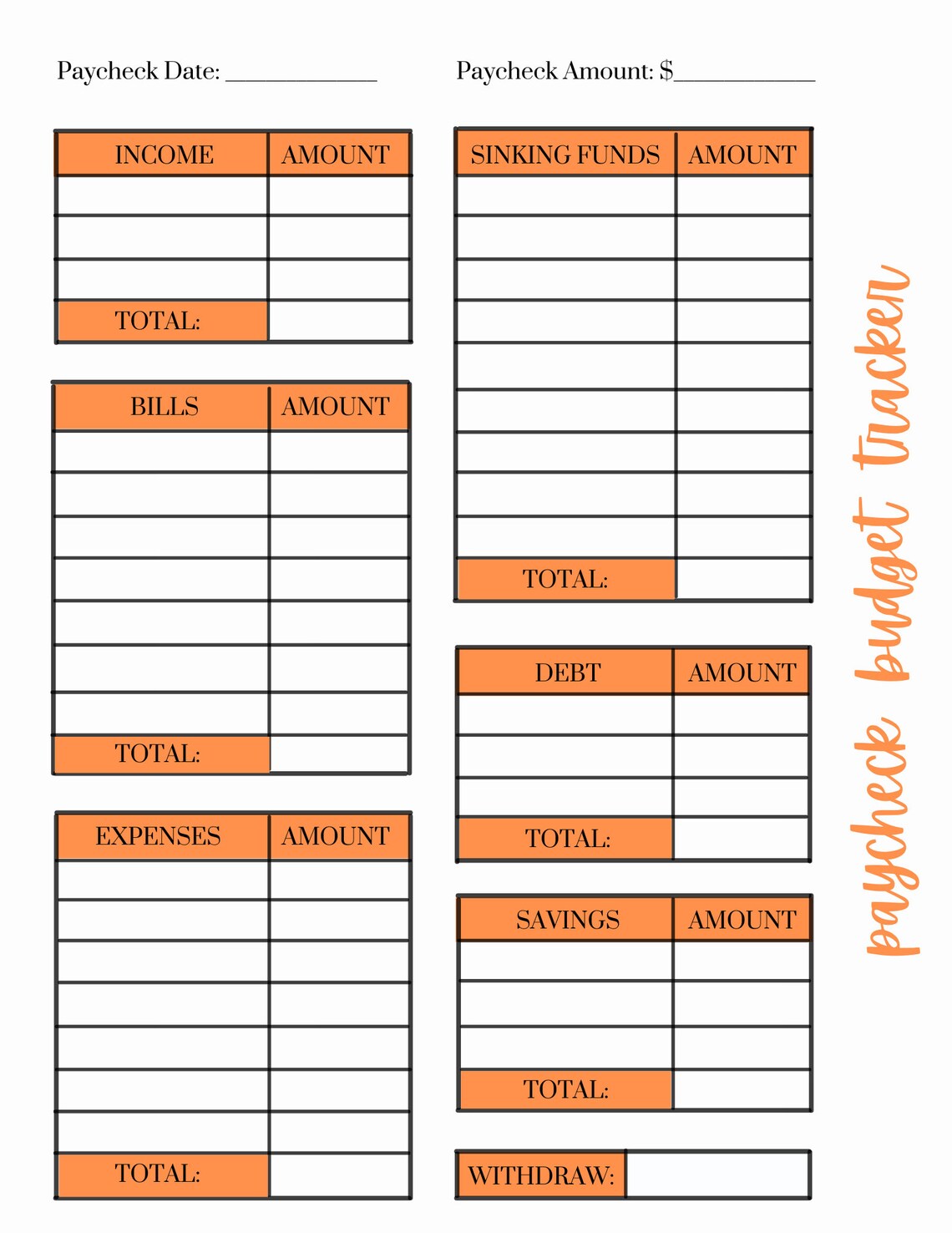 Paycheck Budget Tracker Printable L Budget Printable L Paycheck Tracker ...