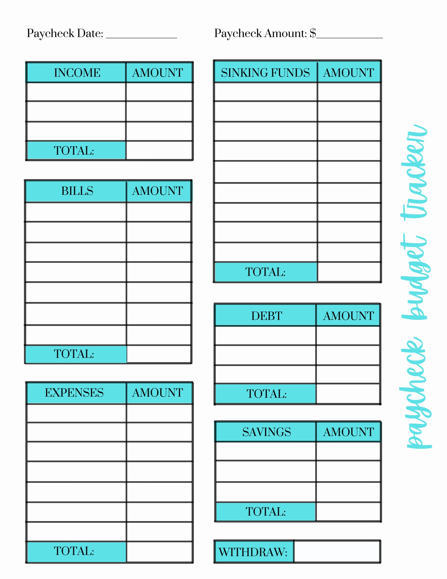 Paycheck Budget Tracker Printable L Budget Printable L Paycheck Tracker ...
