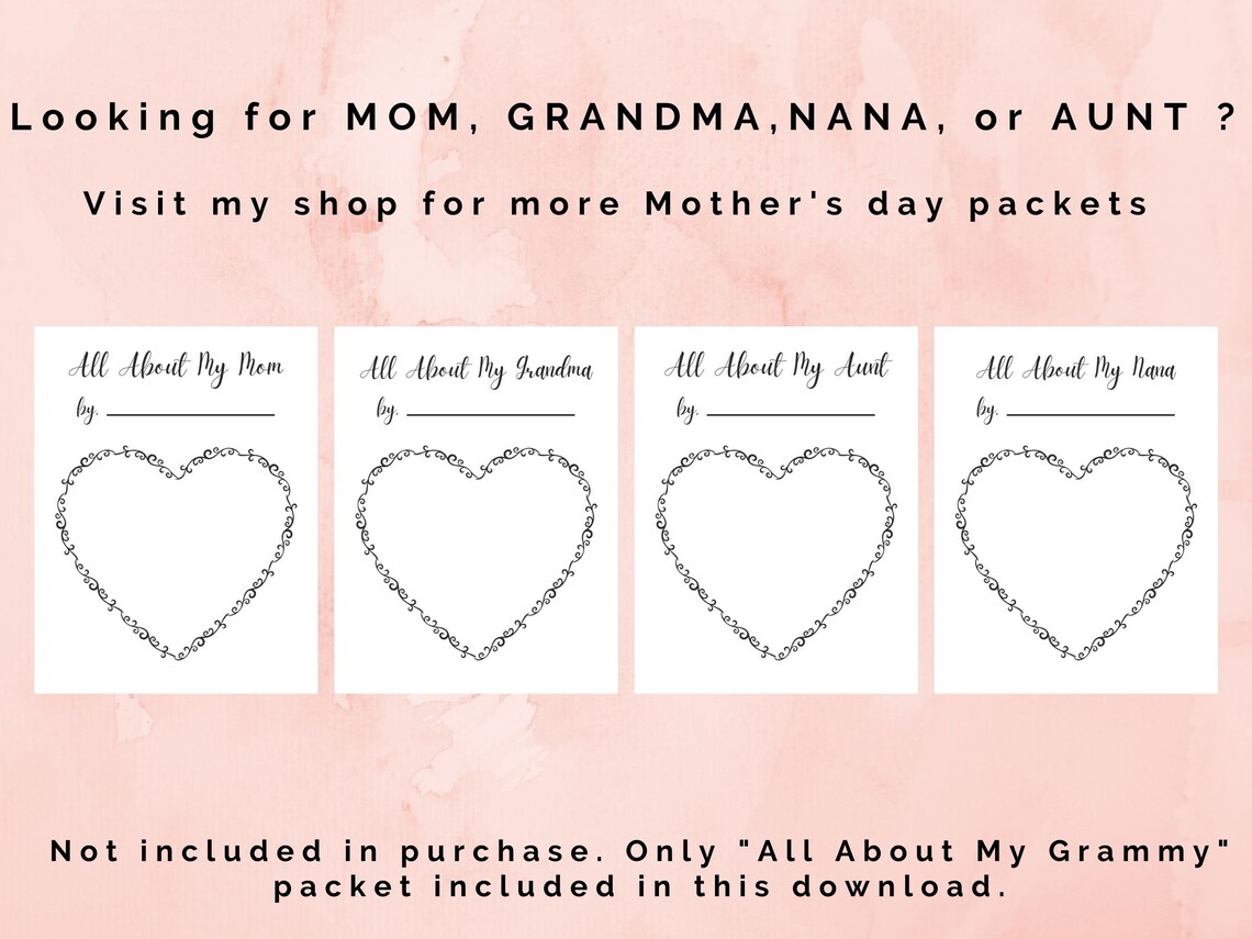 All About My Grammy, Grammy Mothers Day Packet, Grandma Gift, All About ...