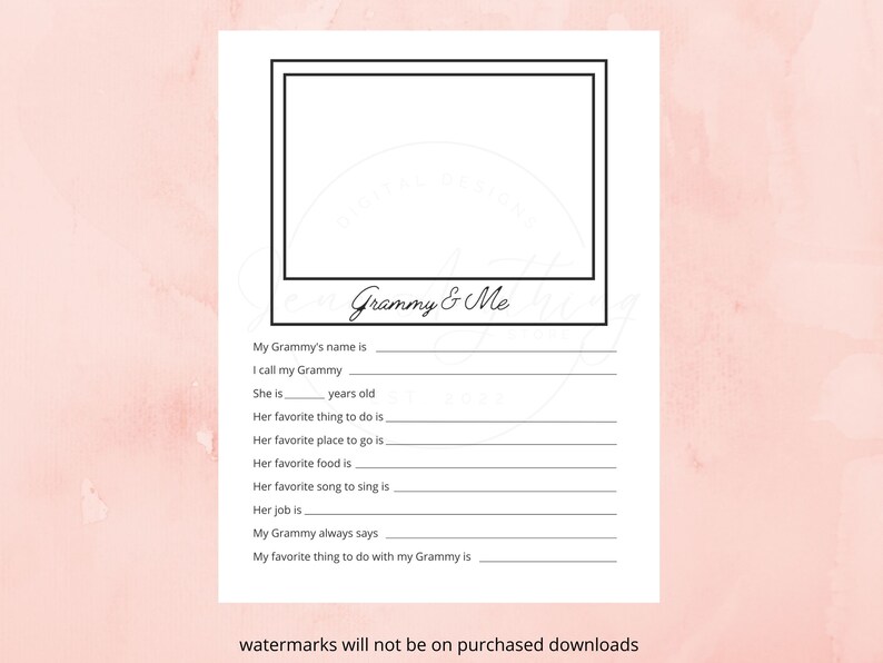 All About My Grammy, Grammy Mothers Day Packet, Grandma Gift, All About ...