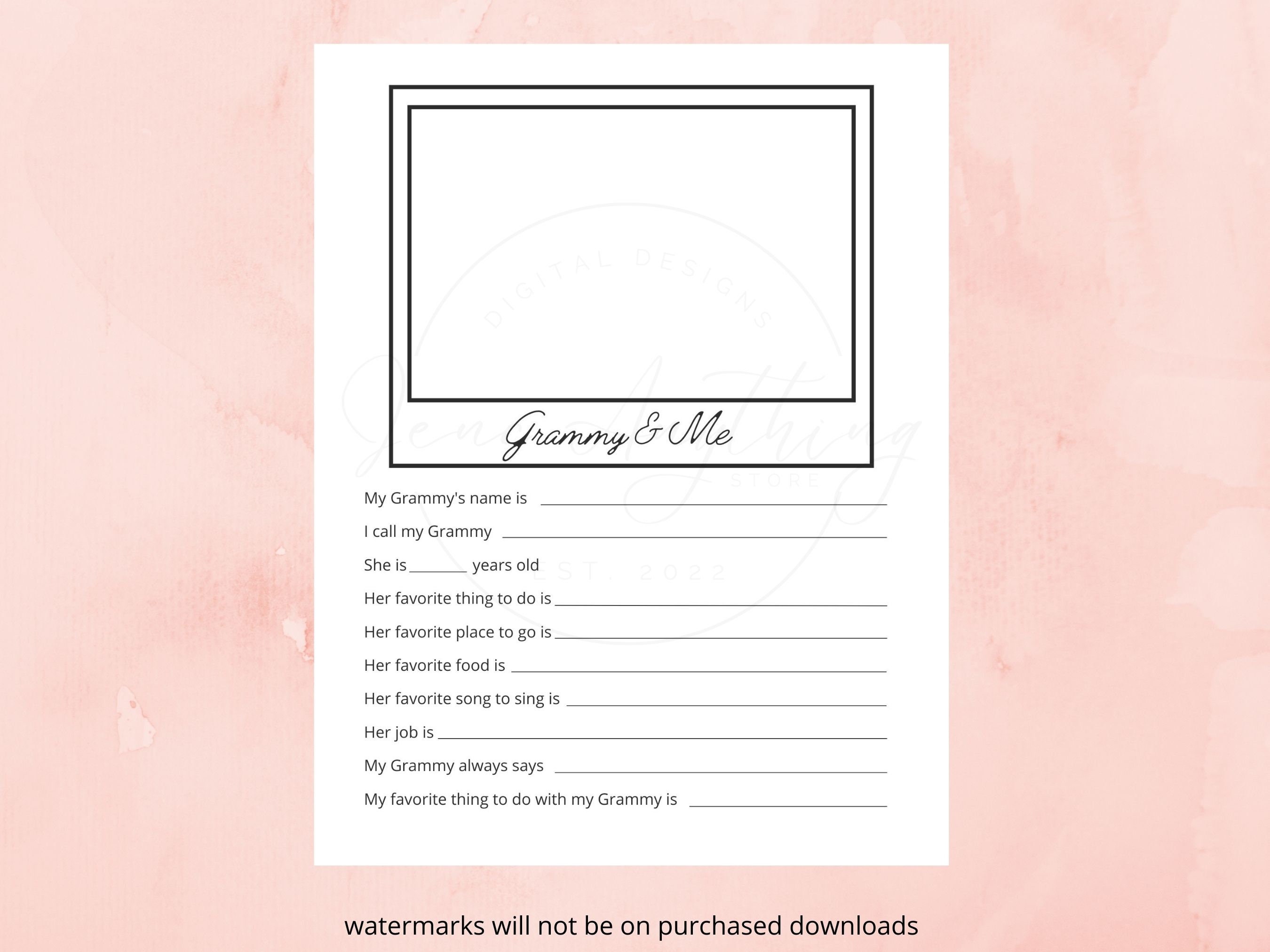 All About My Grammy, Grammy Mothers Day Packet, Grandma Gift, All About ...