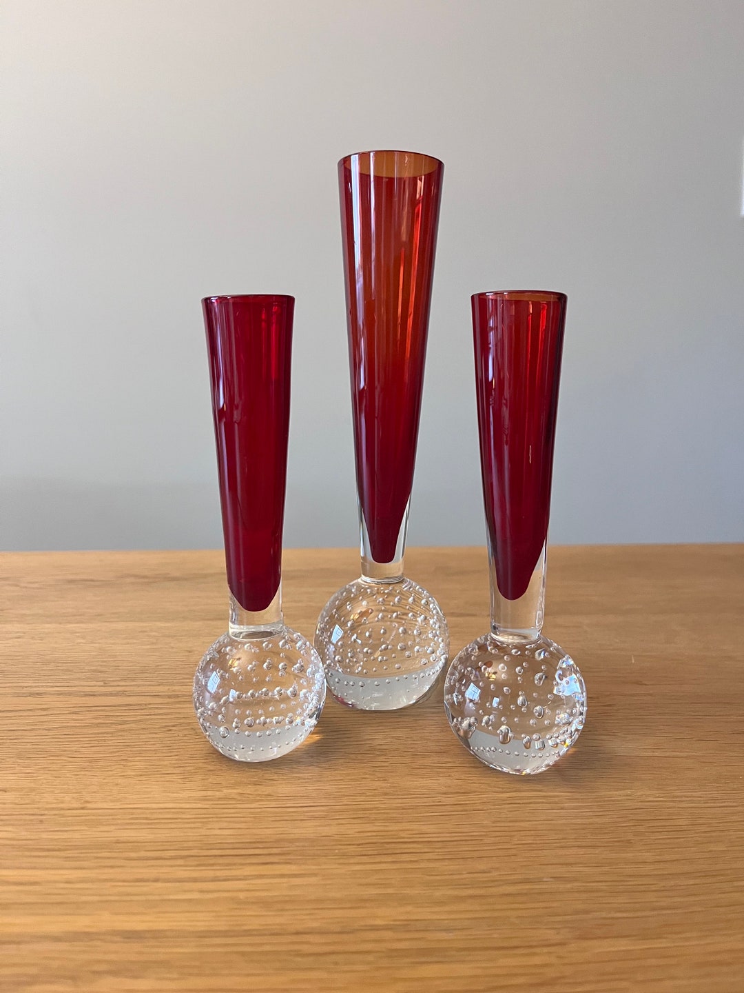 Vintage Ruby Red Glass Paperweight Bud Vases Set of 3 Bubble Glass ...