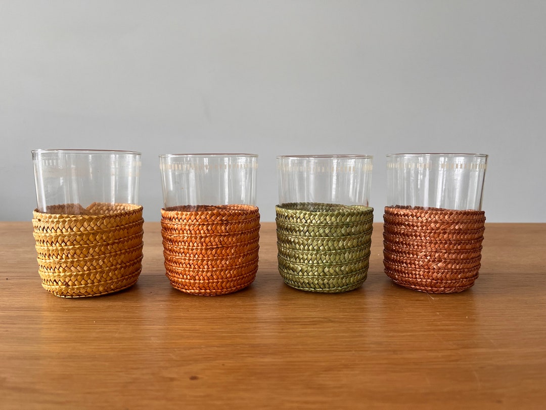German Jena Glas Schott - Boho Tea Glasses - Set of 4 - Wicker Rattan ...