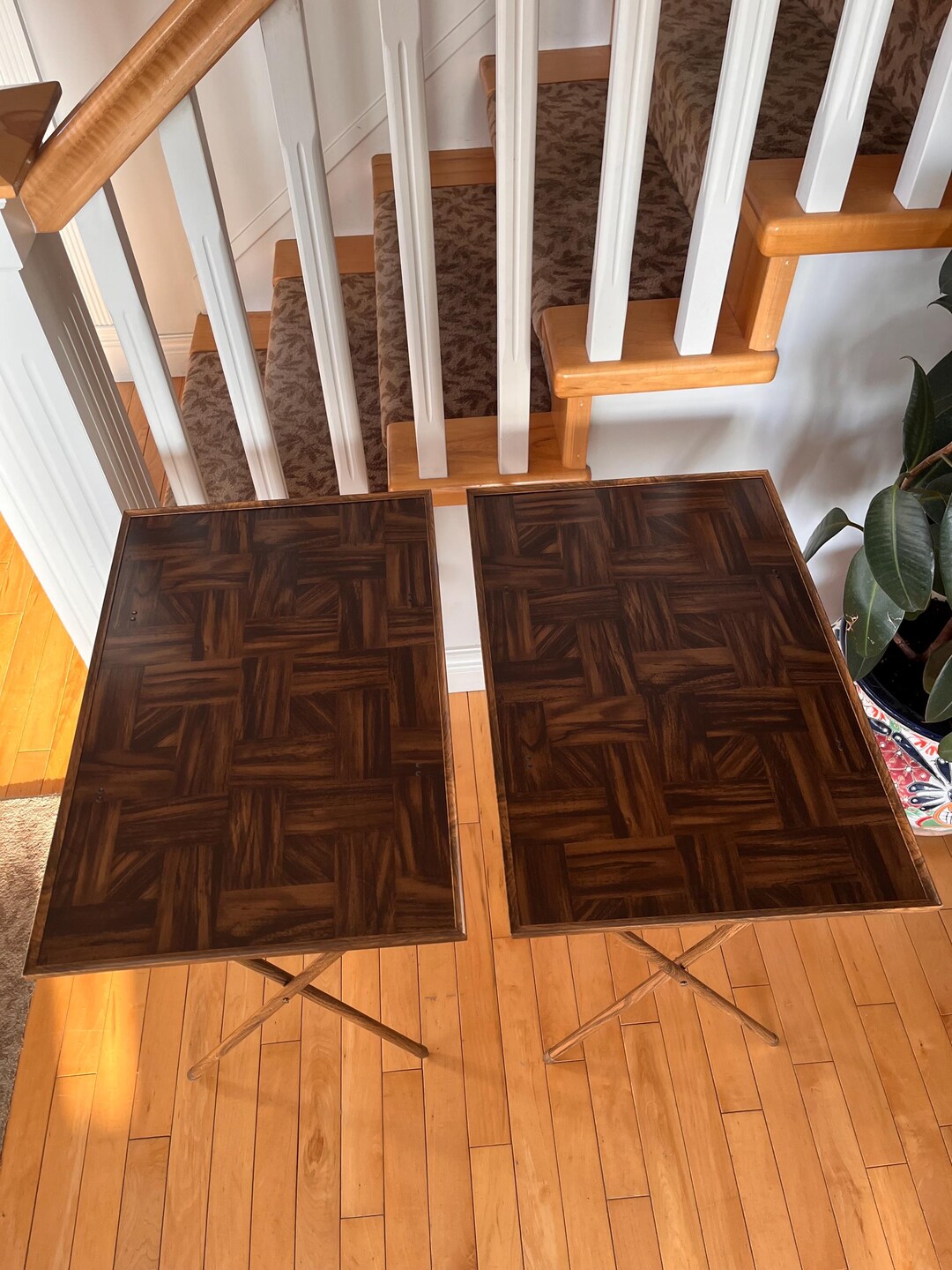 Set of 2 Vintage Folding TV Tables - Faux Parquet Wood Look - 1970s ...