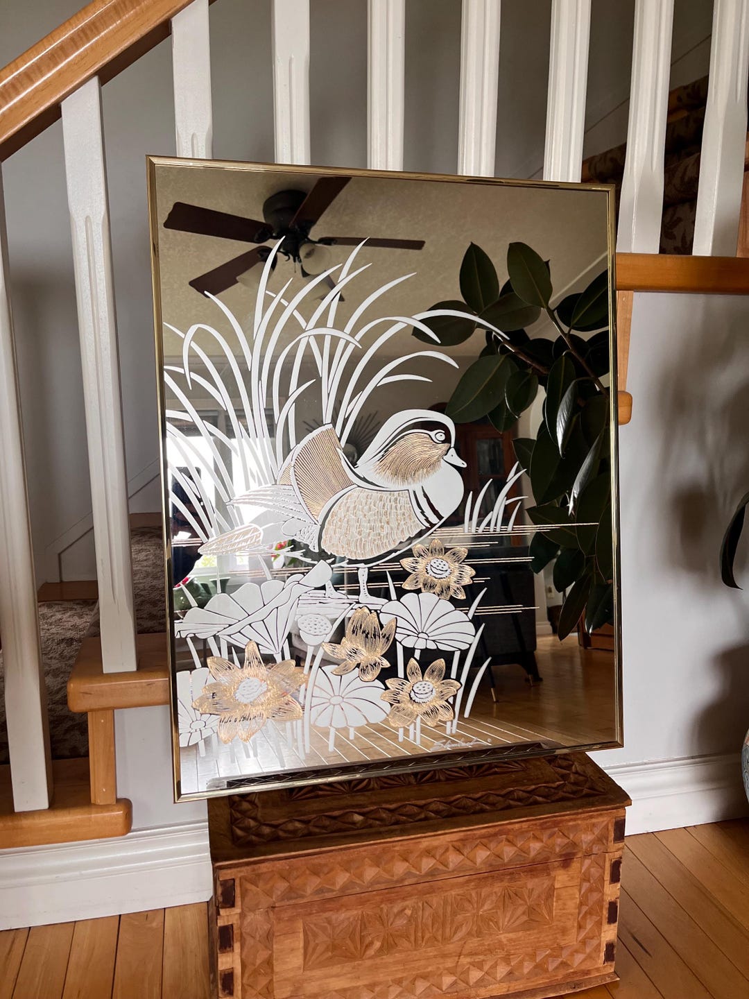 Robert Slimbach Etched Duck Mirror: Lotus Flower, Brass Frame, Windsor ...