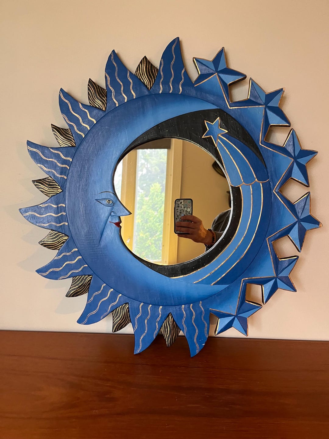 Large Celestial Wall Art Mirror - 90s Hand Painted Cobalt Blue Moon and ...