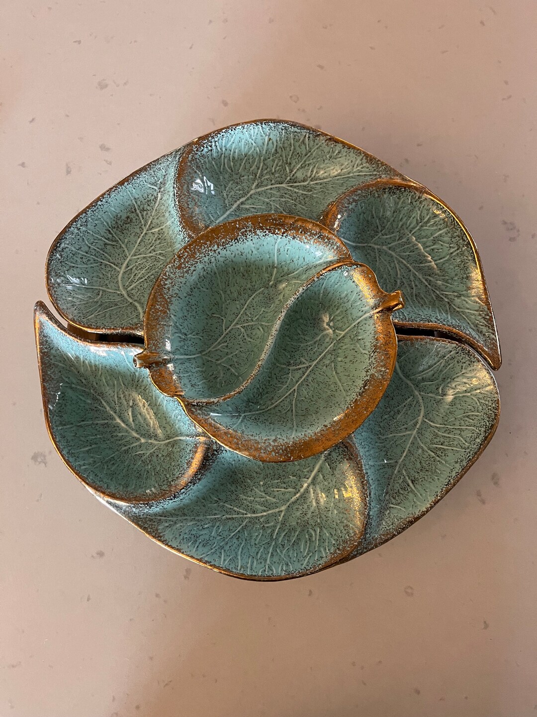 CALIF ORIG 725 Pottery Turquoise Gold Leaf Lazy Susan Dish Mid Century ...