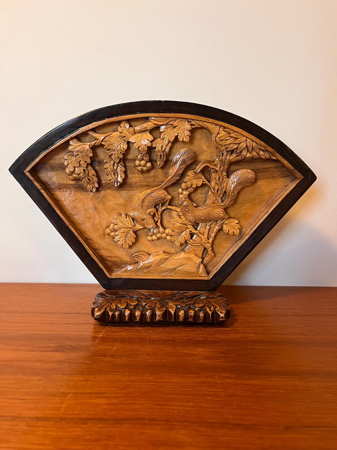 East Asian Decorative Wooden Carving - Fan Shaped - Squirrels and ...