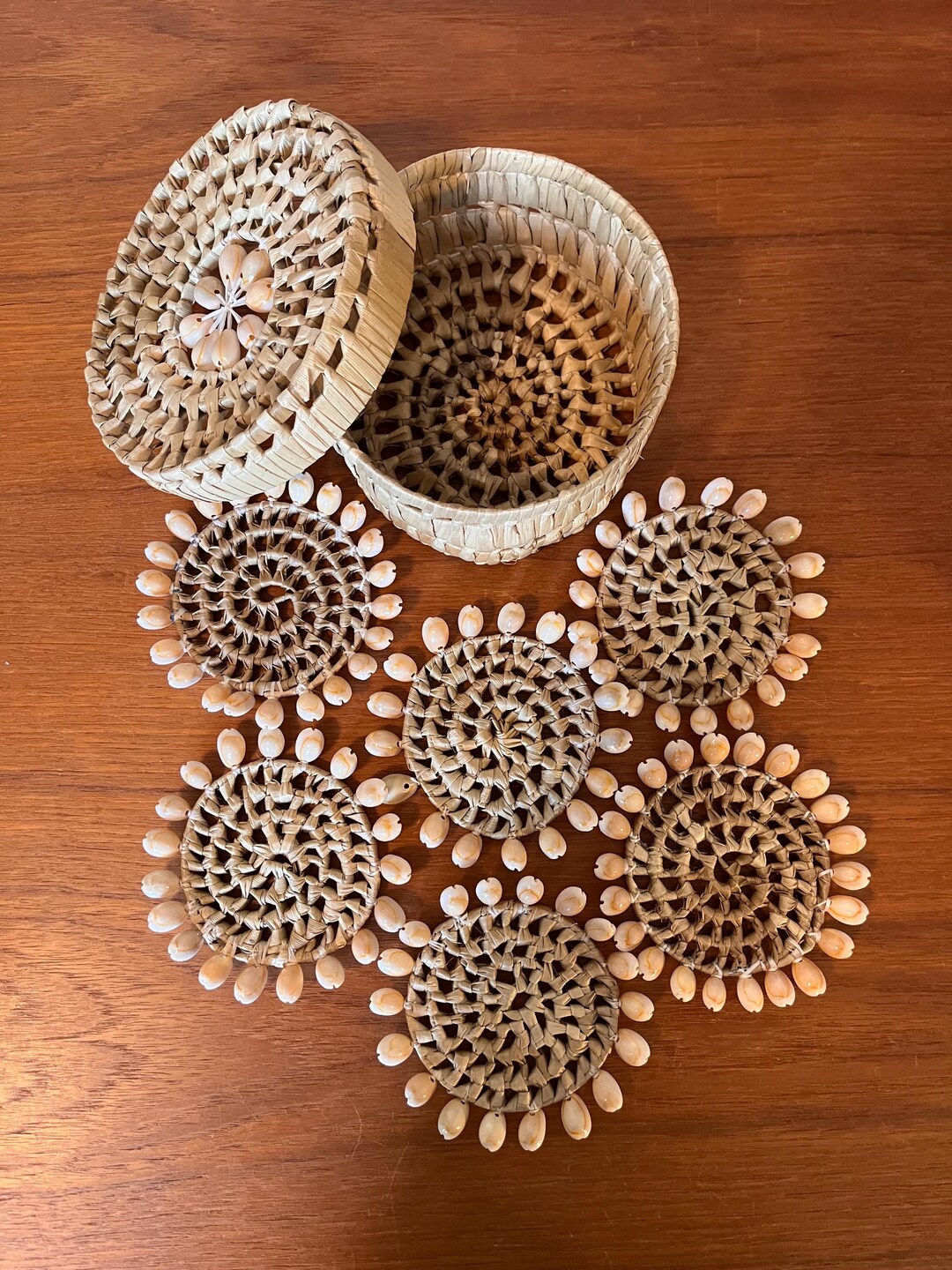 Vintage Raffia and Cowrie Shell Coasters - 6 Coasters With Caddy ...