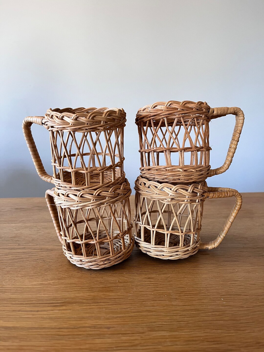 Rattan Wicker Mug Cup Holders Set of 4 Boho Kitchen - Etsy