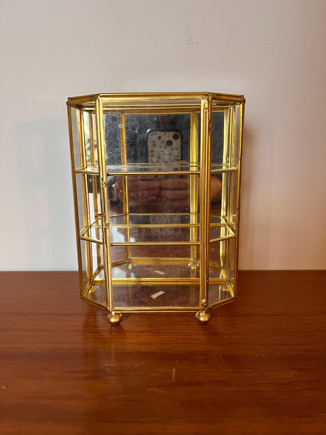 Vintage Brass and Glass Curio Cabinet Wall Mounted or Table Top Octagon ...
