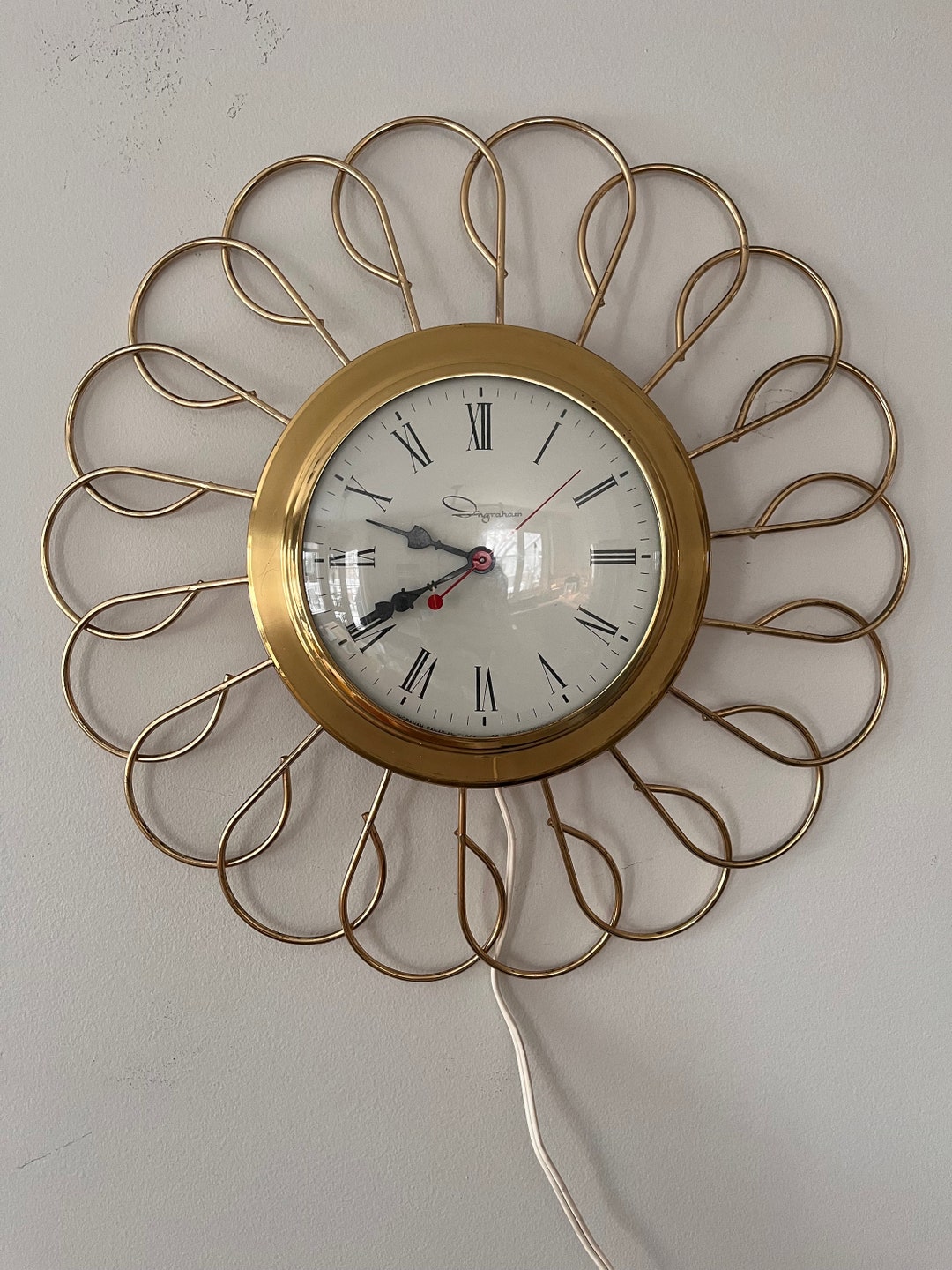 Mid Century Ingraham Brass Electric Wall Clock Scroll Design Sunburst ...