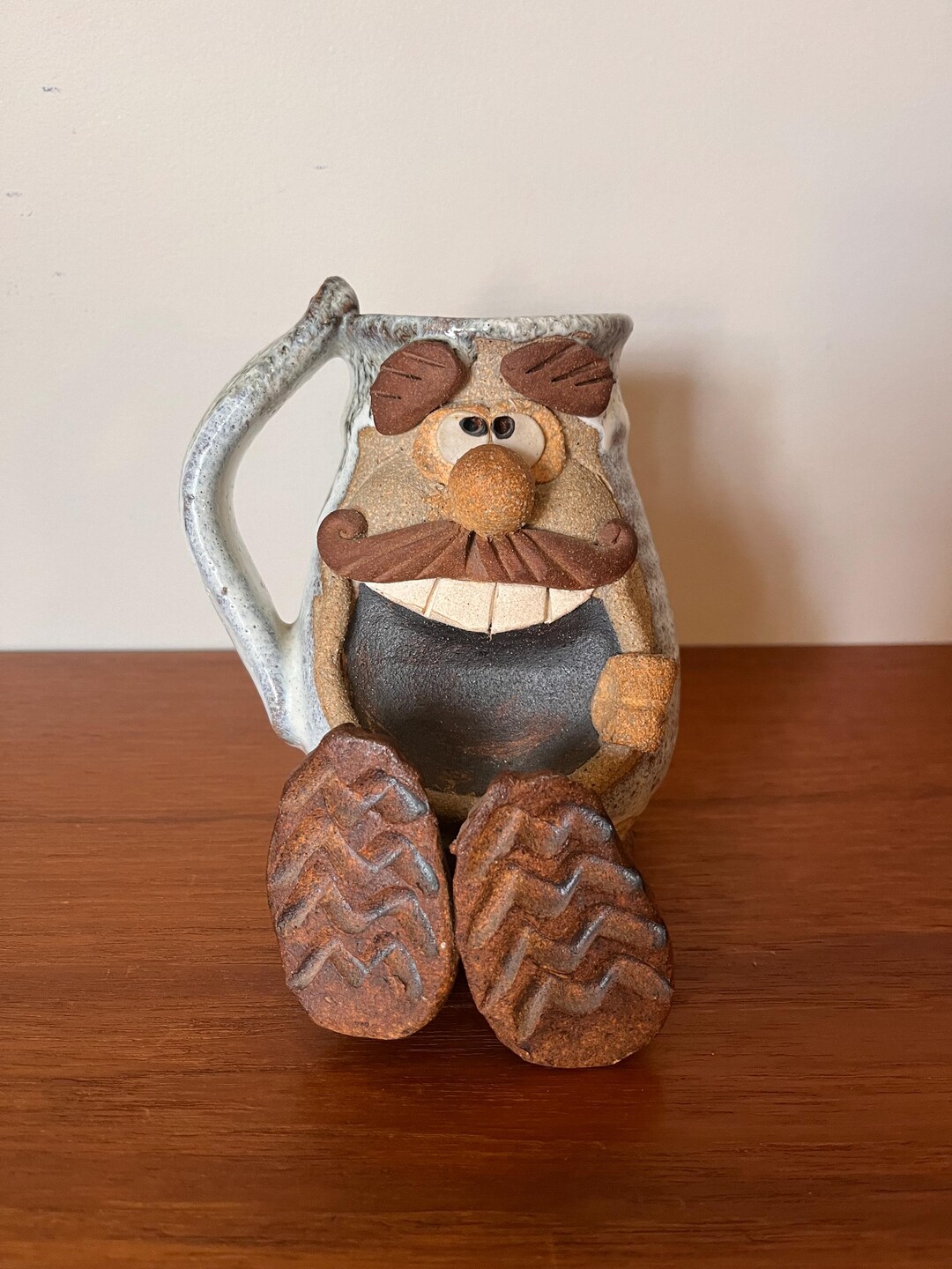 Funny Face Pottery Mug - Moustached Man W Feet - Anthropomorphic Mug ...