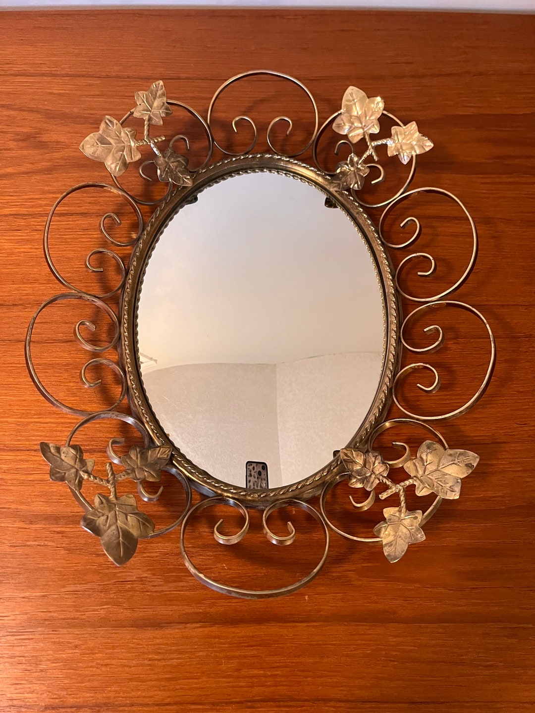 1970s Oval Convex Mirror - Ornate Curled Brass Frame - Botanical Scroll ...