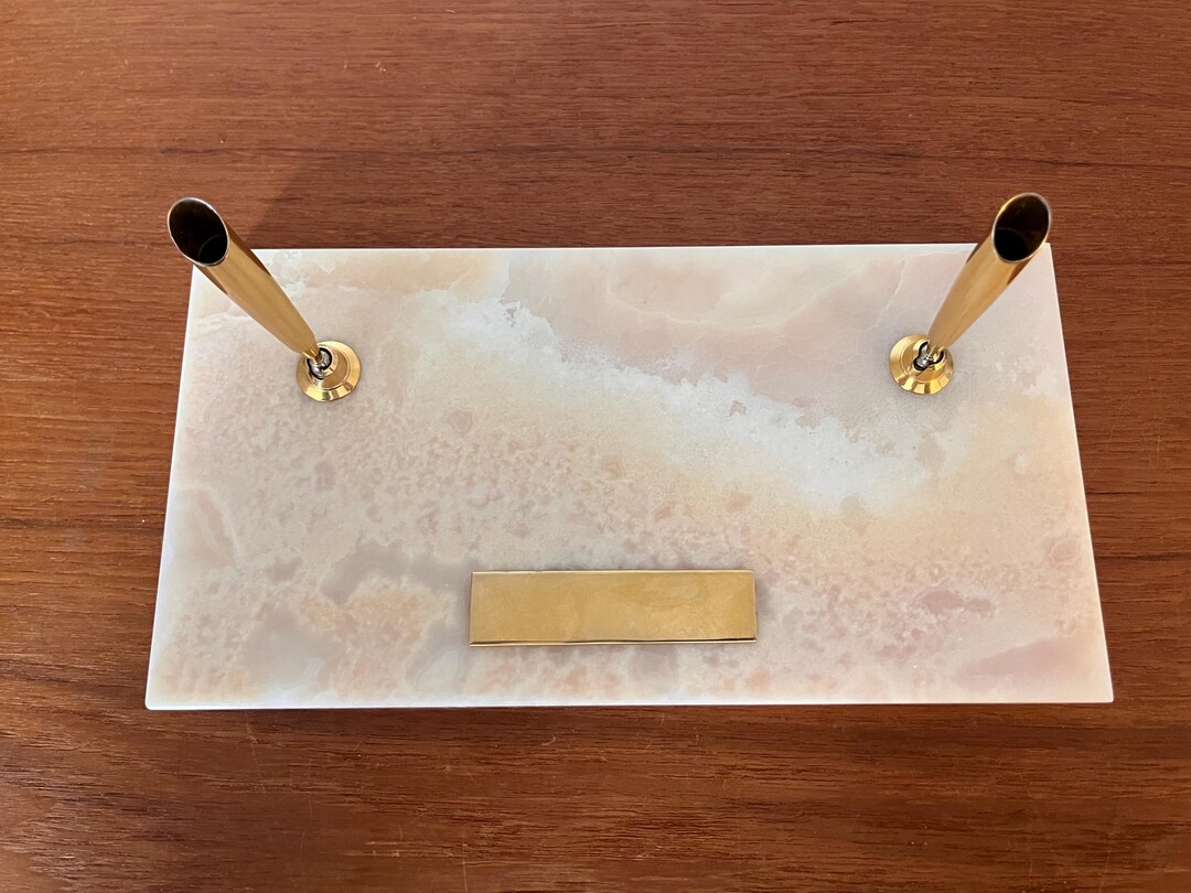 Vintage Pink Marble Double Pen Holder - Brass Pen Holders and Engraving ...