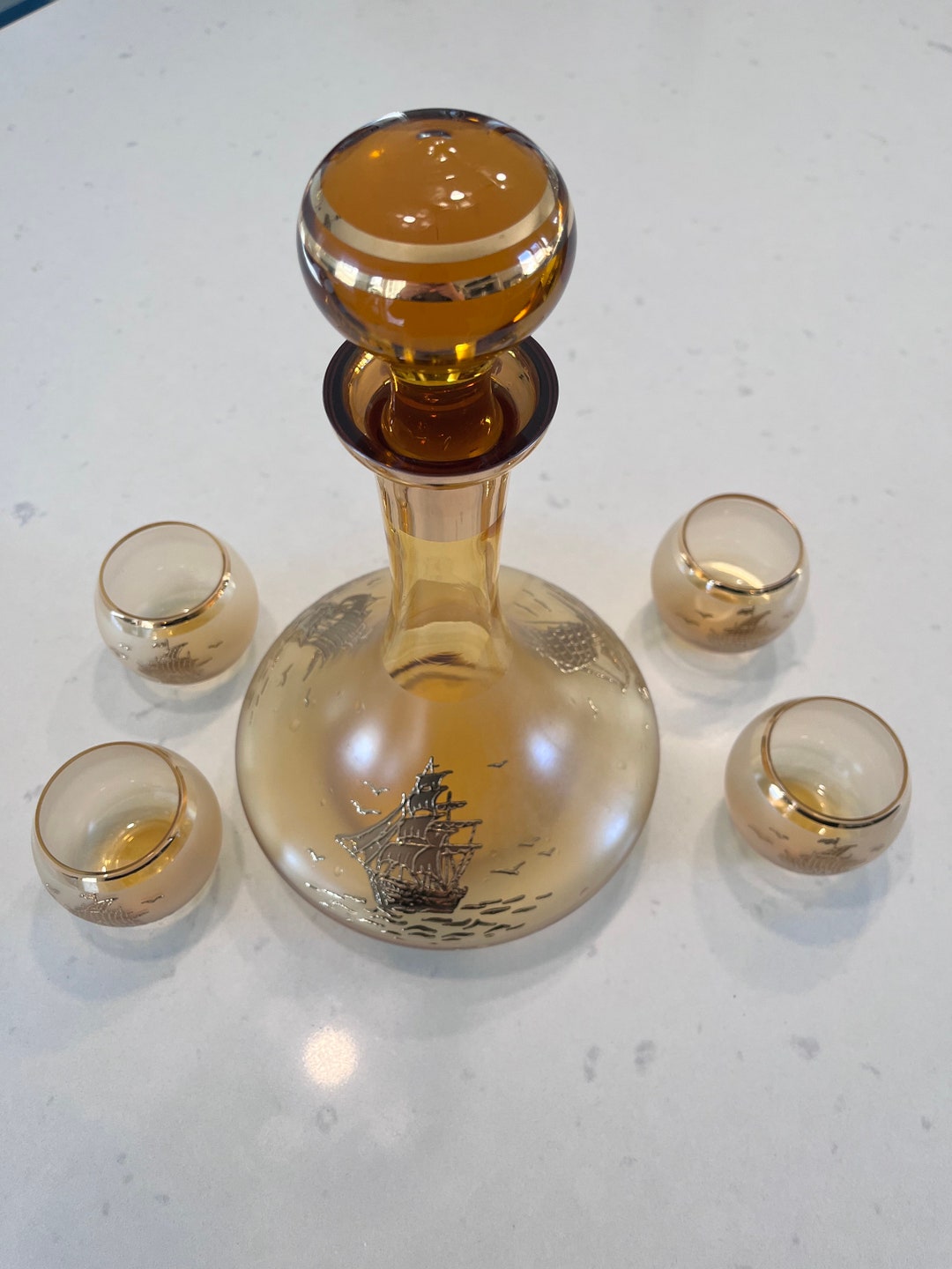 Bohemian Amber Frosted Glass Decanter Set, Nautical Theme, Whiskey ...