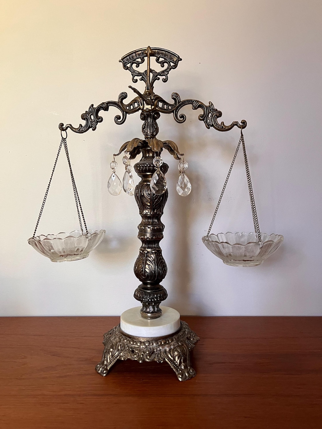 Brass and Crystal Scales of Justice - Hanging Crystal Prisms and Trays ...