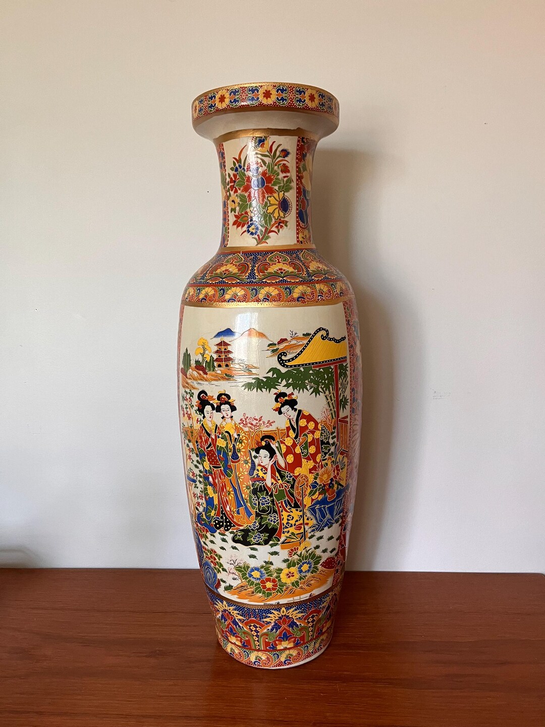 Large Japanese Satsuma Style Vase - 24” Tall - Geishas and Flowers ...