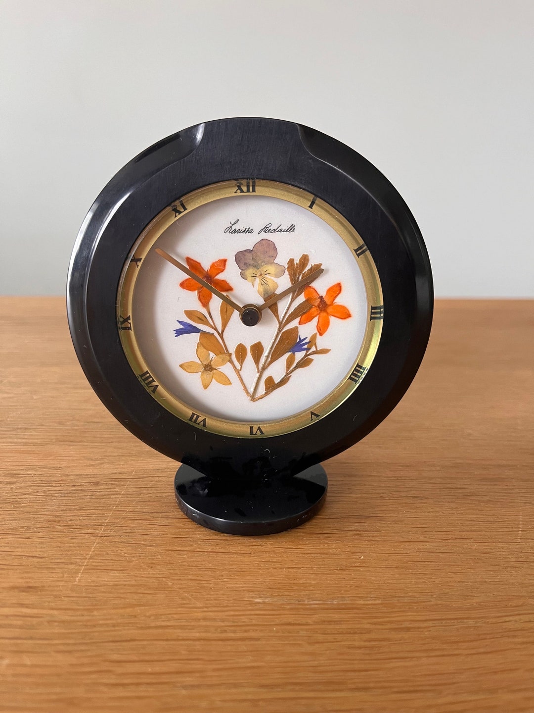 Hechinger Desk Clock | Black Metal With Pressed Flowers Face | Larissa ...