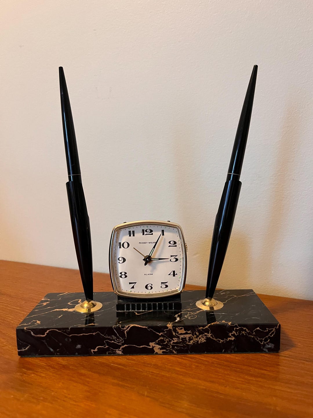 Phinney Walker Clock and Double Pen Set on Marble Base - Retro Office ...