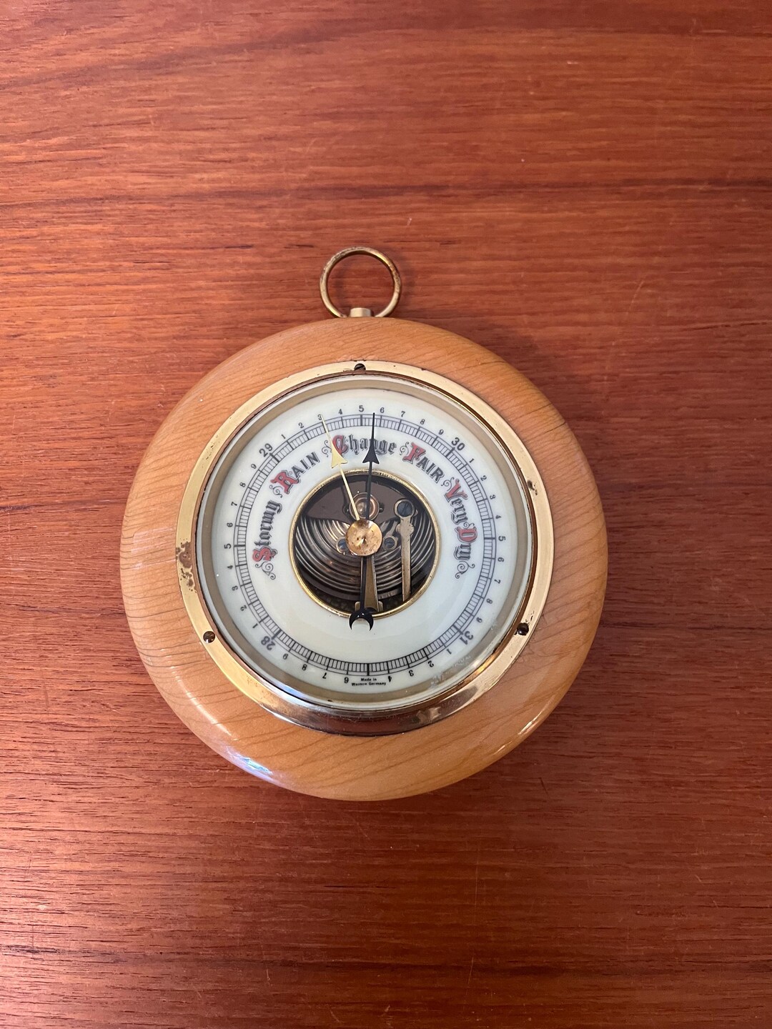Vintage 1960s Round Wood Wall Hanging Barometer - Made in West Germany ...