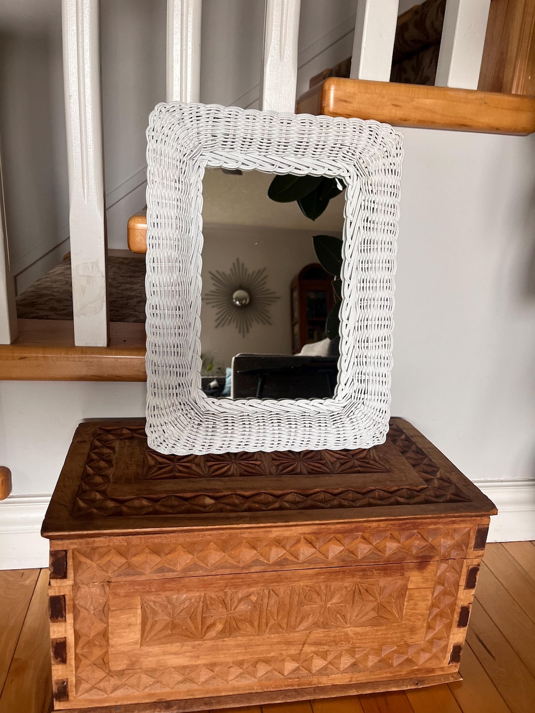 Vintage White Wicker Mirror - Wall Hanging - Rectangular - Boho Mirror ...