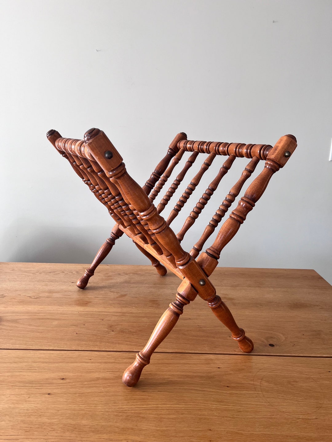 Large Vintage Wooden Newspaper Holder Midcentury Modern Wood Spindled ...