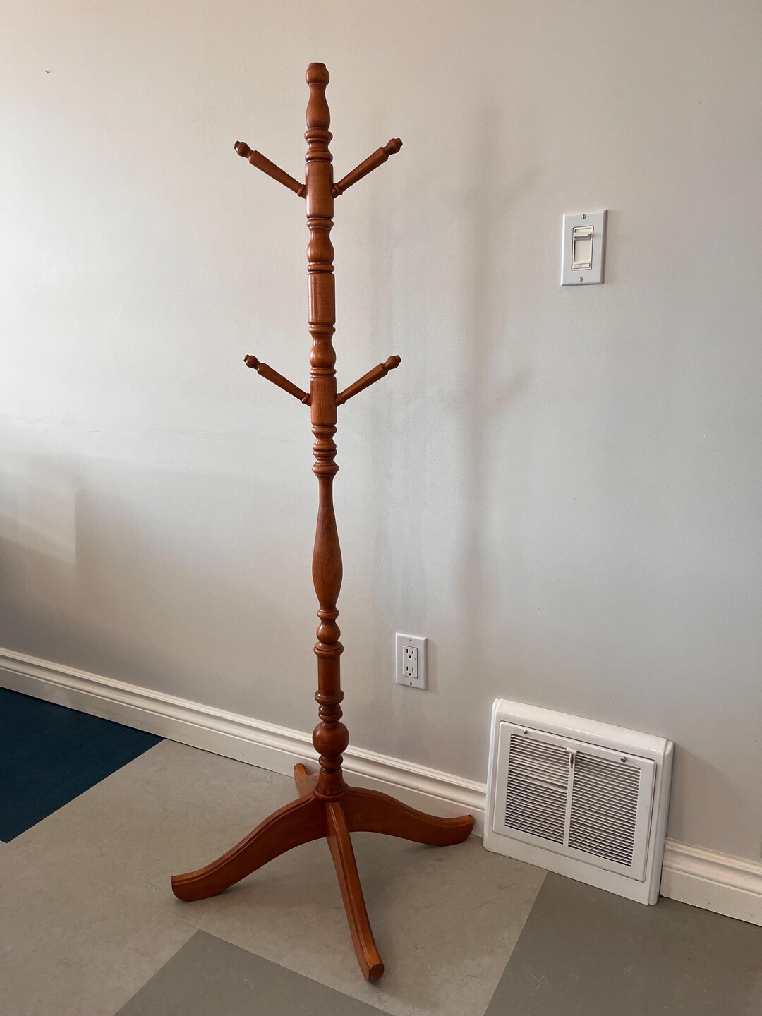 Vintage Wooden Standing Coat Rack - Turned Wood Coat Tree - Spindle ...