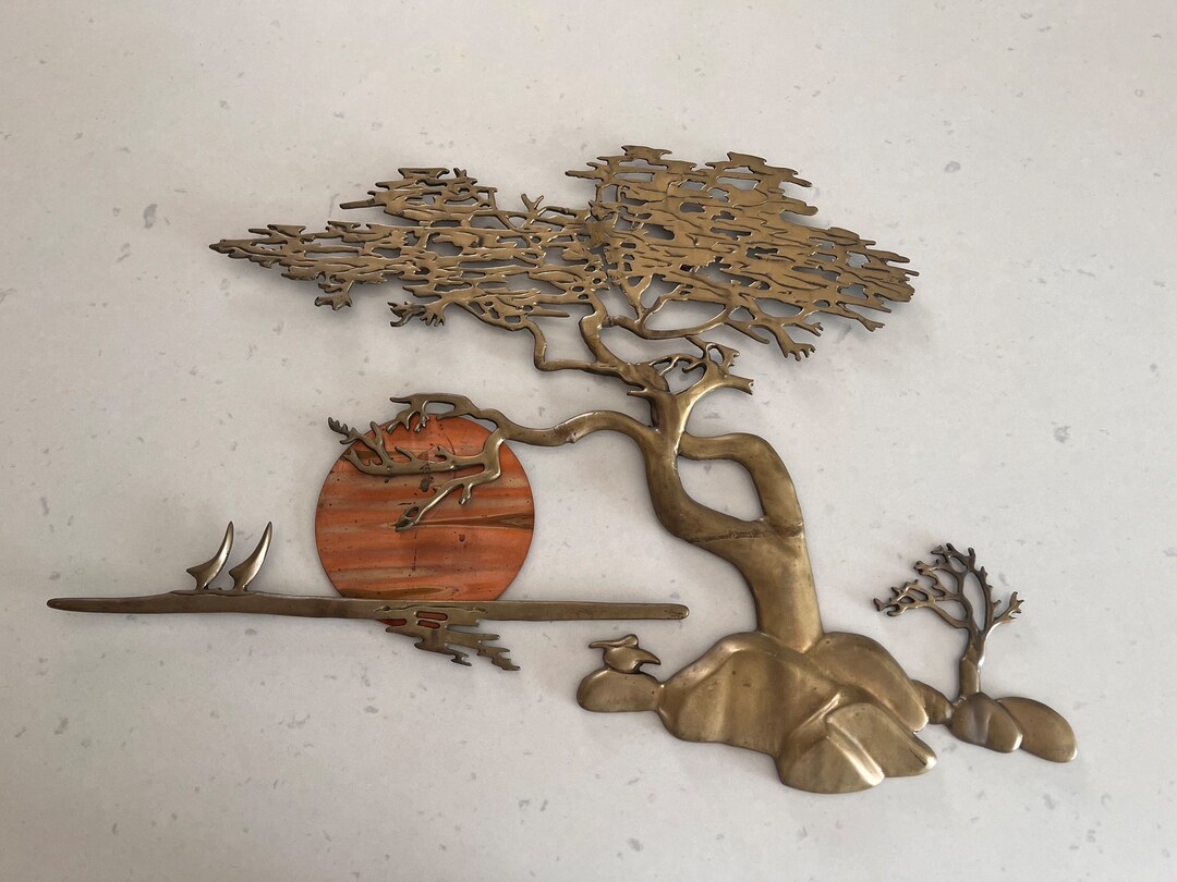 Vintage Brass Bonsai Tree Wall Hanging - Copper Sun - Large Sunset ...