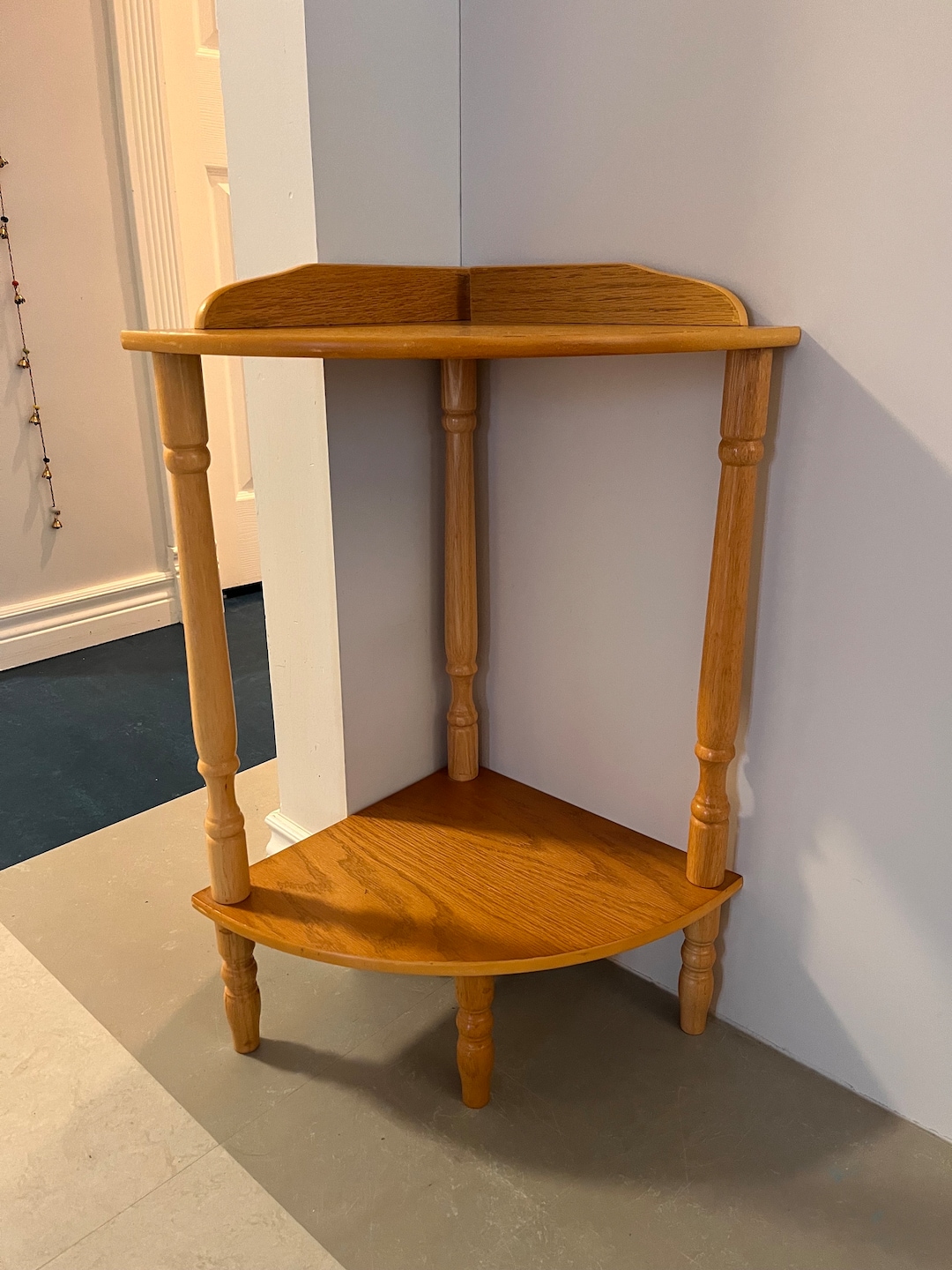 Corner Spindle Shelf Two Tier Light Wood Boho Plant Shelf Jungalow ...