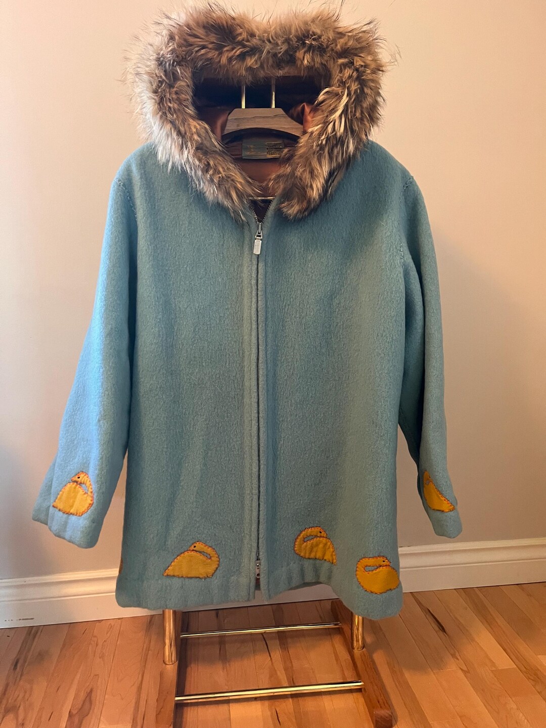 Vintage 1970s Eskimo Parka: Teal Wool Goose Applique, Fur Trim Hood ...