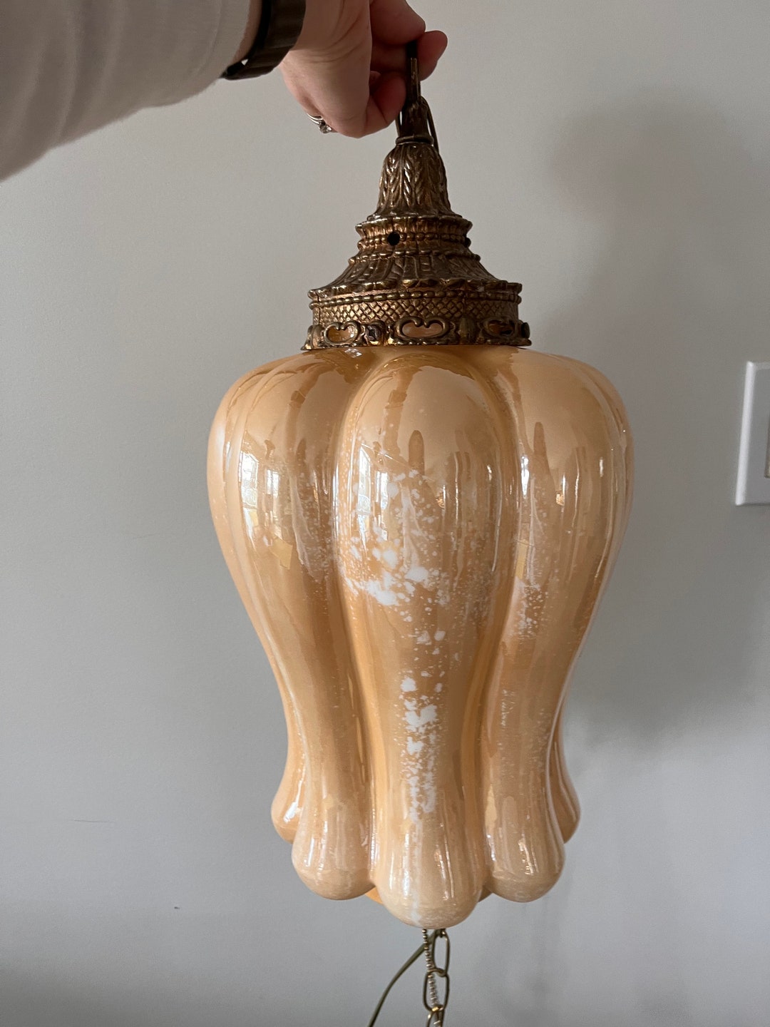 Mid Century Swag Lamp - Peach Lustre Art Glass Globe - Hollywood ...