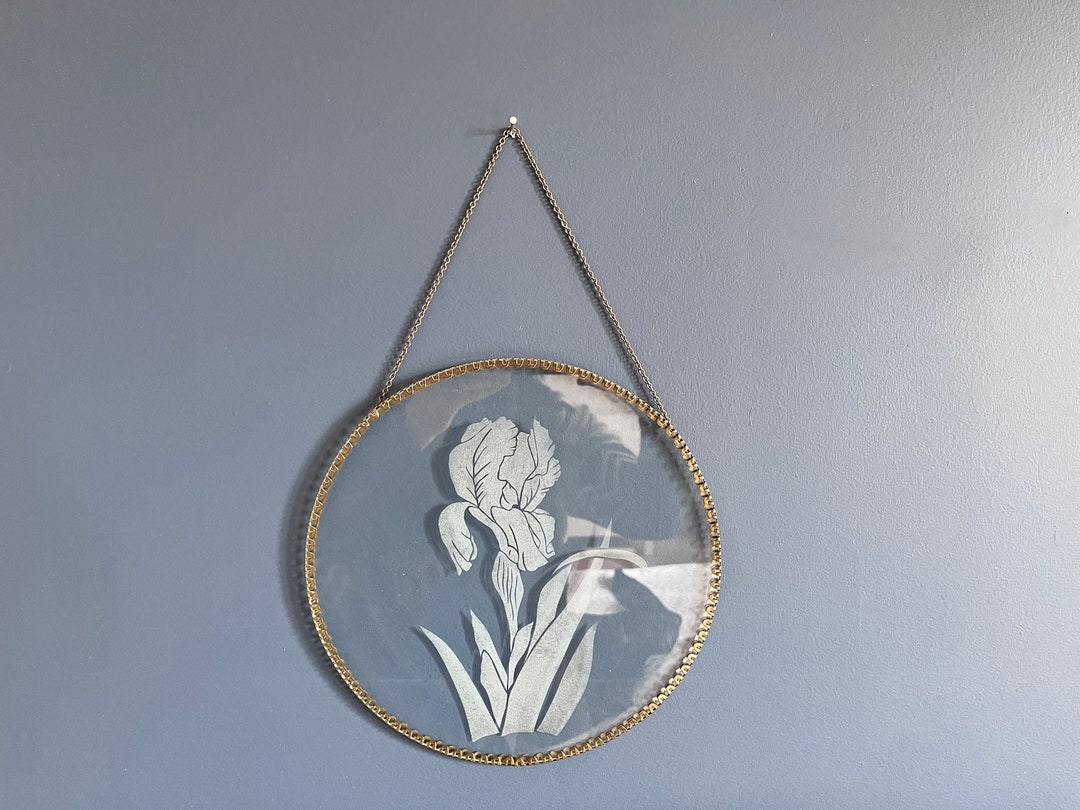 Vintage Etched Glass Sun Catcher Window Hanging Round Brass Teeth and ...