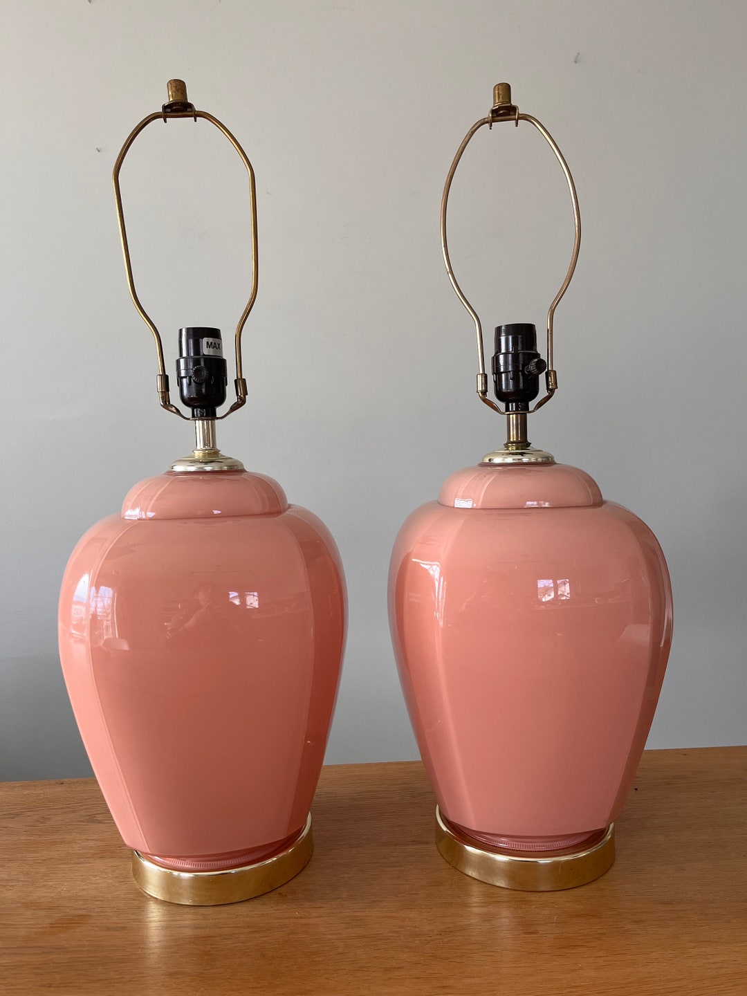 1980s Blush Pink Glass Table Lamps - Set of 2 - Gold Tone Accents ...