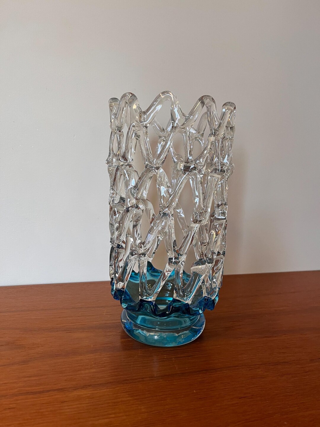 Hand Blown Glass Lattice Vase: Murano Style, Blue Base, MCM - Etsy